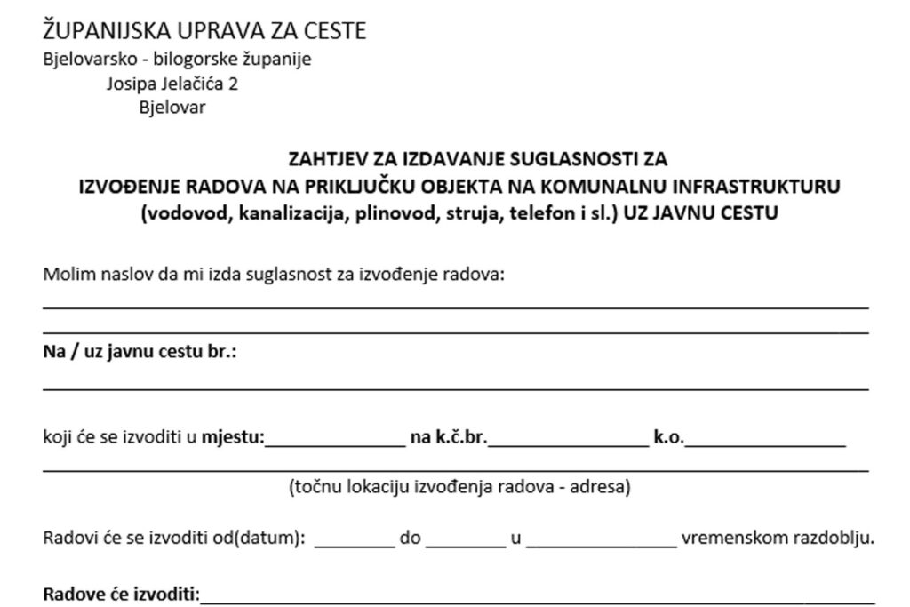 Zahtjev za izdavanje suglasnosti za izvođenje radova na priključku ...